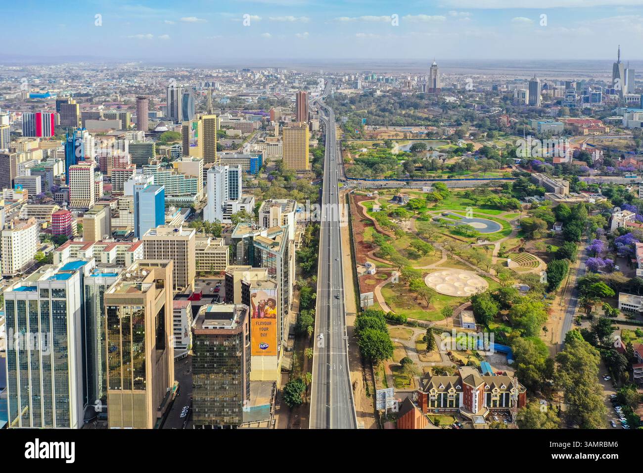 Aerial view of the modern cityscape featuring the Nairobi Expressway ...