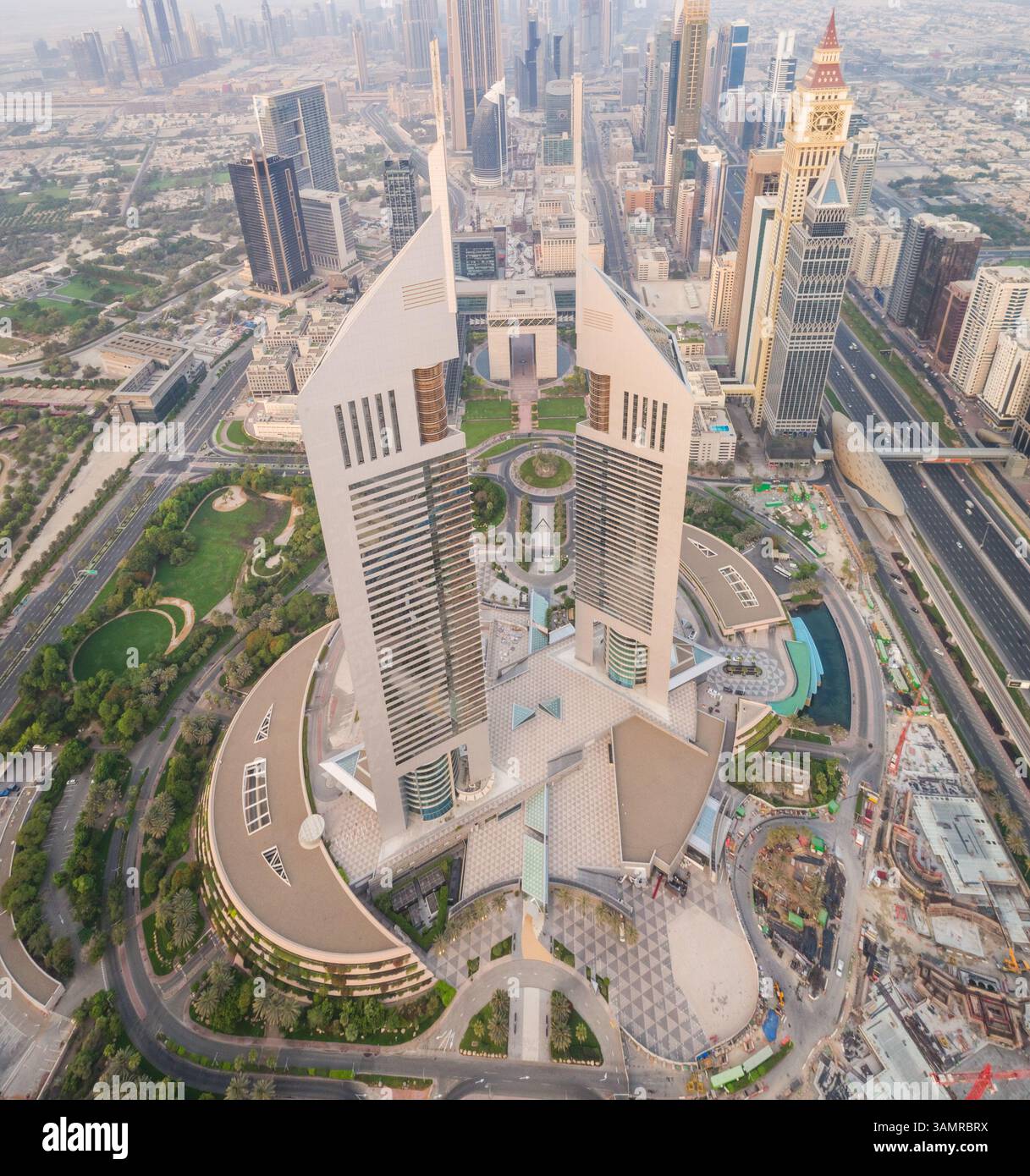 Aerial view of the Emirates Towers in misty Dubai, U.A.E Stock Photo ...