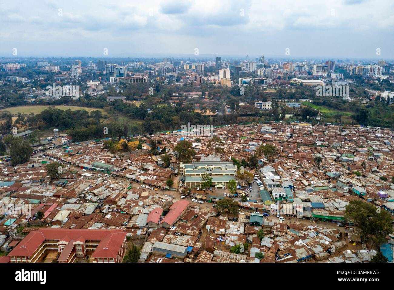 Aerial view of the vibrant and bustling Kibera slum with densely packed ...