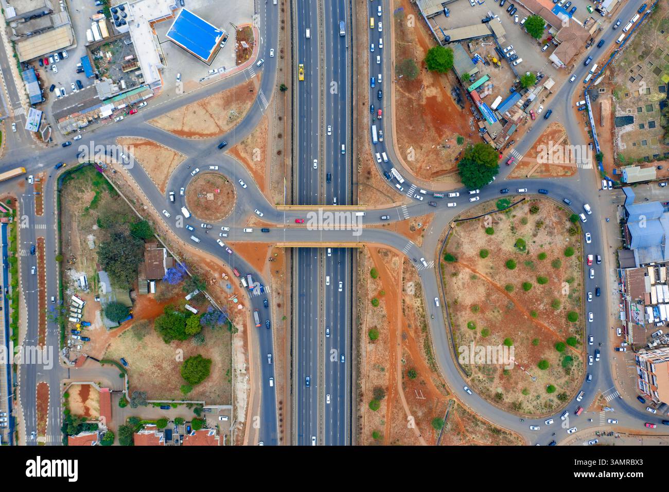 Aerial view of busy Thika Road intersection with modern buildings and ...