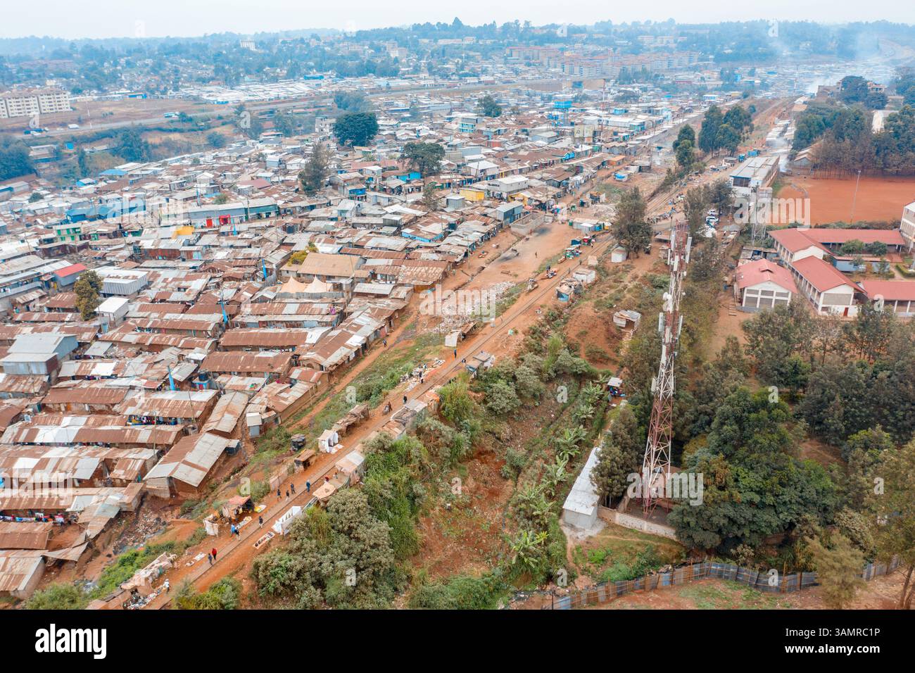 Aerial view of the sprawling residential community of Kibera slum with ...