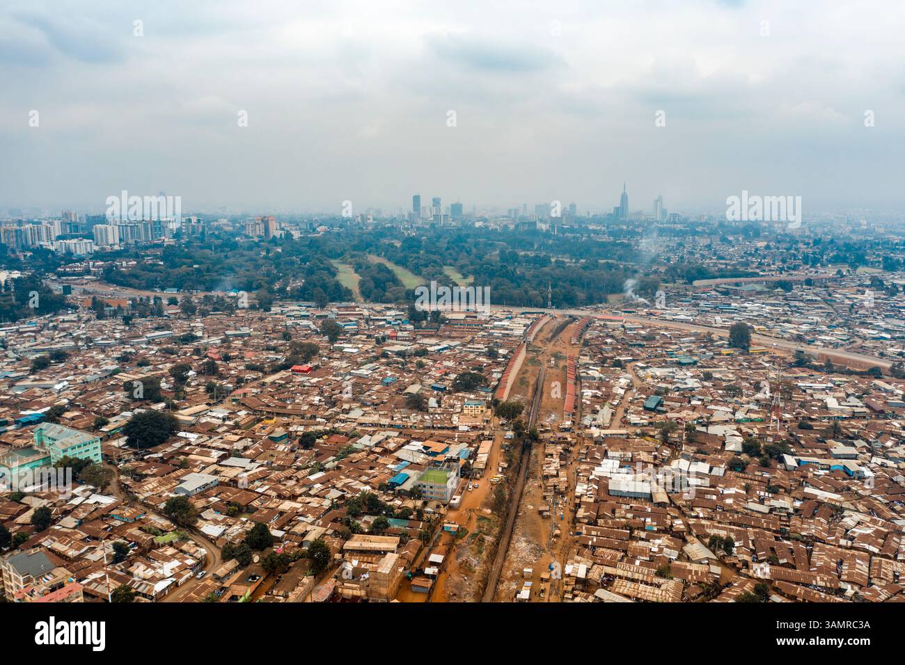 Aerial view of dense urban landscape with buildings and roads in Kibera ...