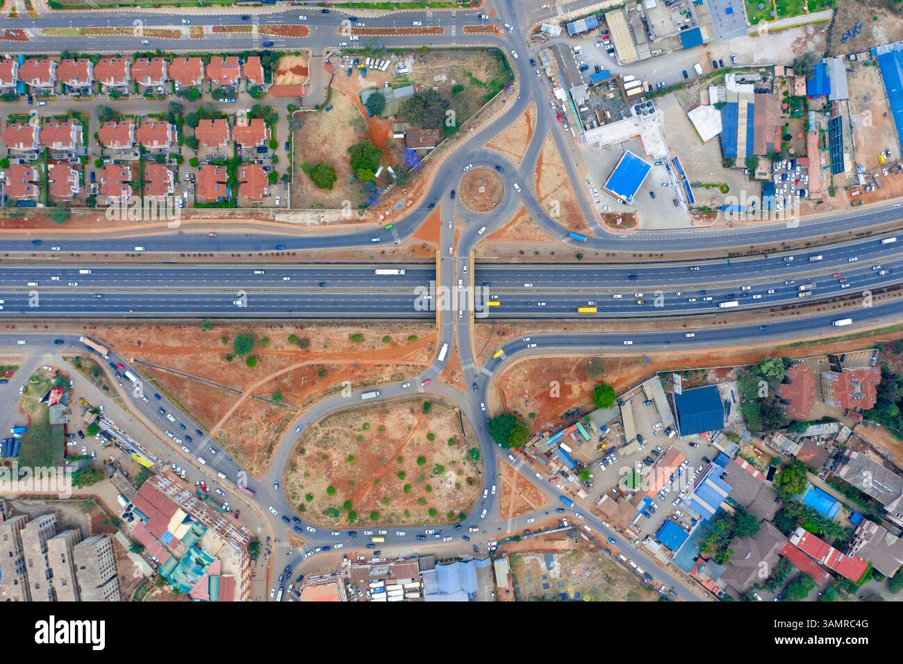 Aerial view of busy Thika Road with winding intersections and modern ...