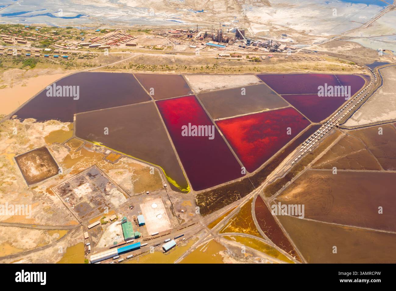 Aerial view of colorful and unique Lake Magadi with expansive salt ...