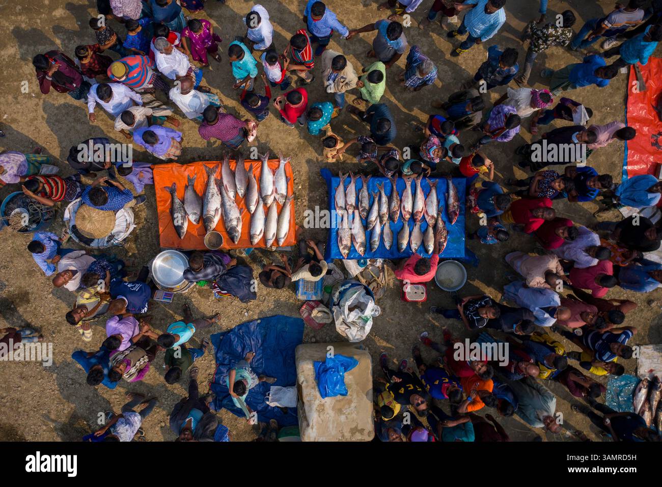 Gabtali, Bangladesh - 10 February 2021: Aerial view of people in a ...