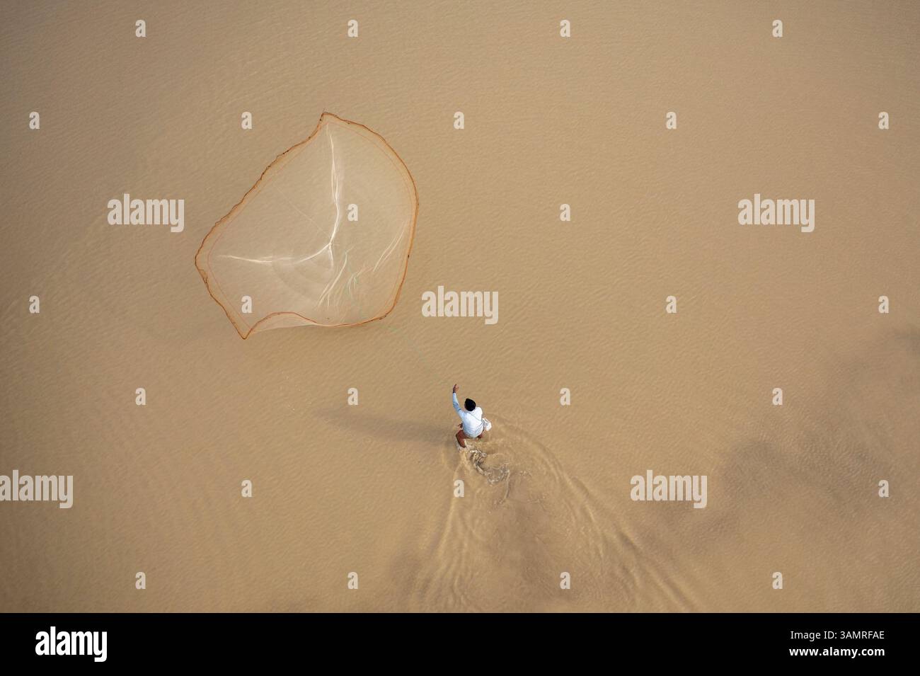 Aerial view of a traditional fisherman casting a net in a muddy river ...