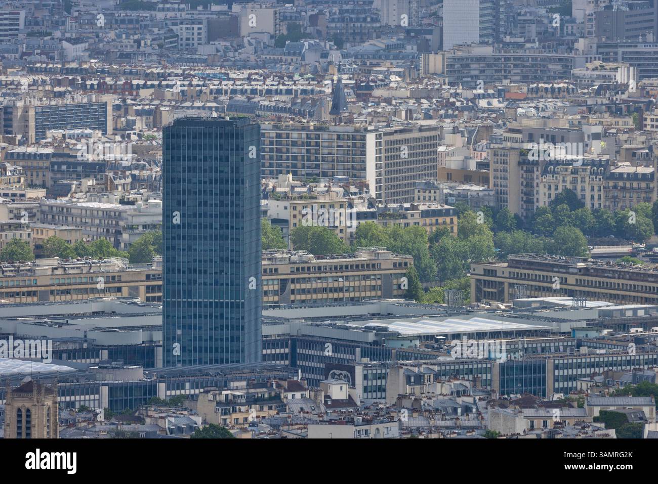 Aerial view of modern skyscrapers and dense cityscape with greenery in ...