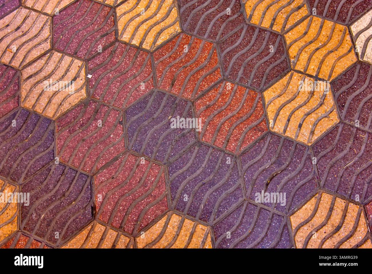 Pedestrian walkway tiles in Valencia, Spain feature a hexagonal pattern ...