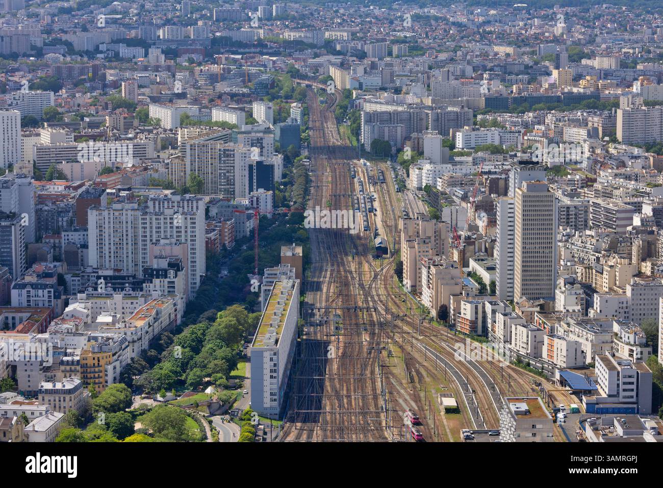 Aerial view of historic train station and railway tracks in downtown ...