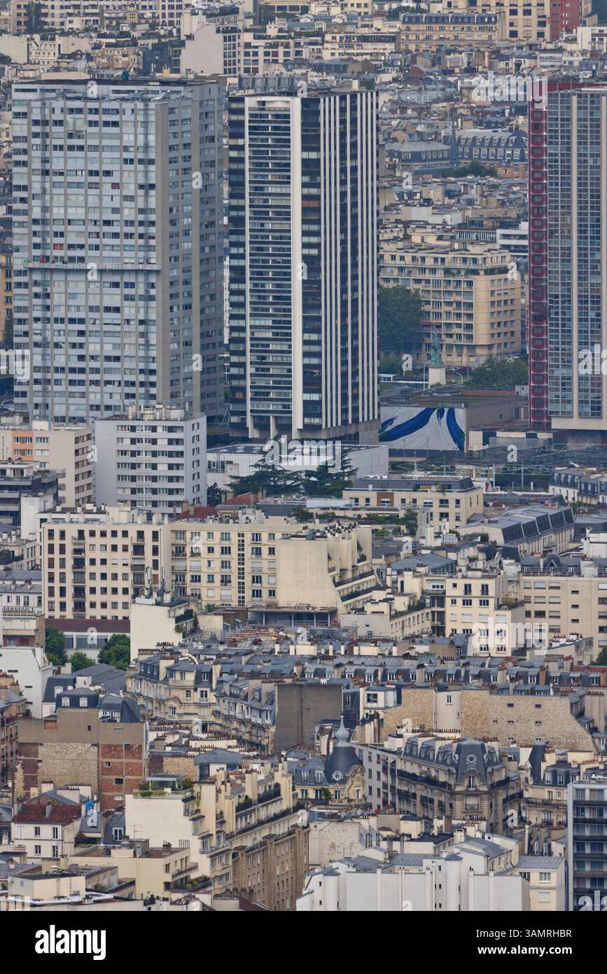 Aerial view of dense buildings and skyscrapers in downtown Paris ...