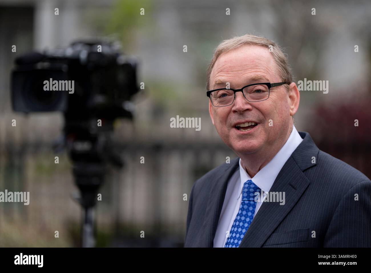 White House economic adviser Kevin Hassett speaks with reporters at the ...