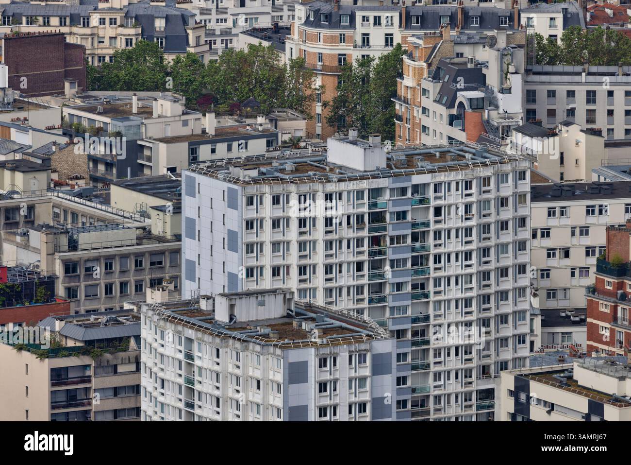 Aerial view of dense urban Paris cityscape with modern buildings and ...