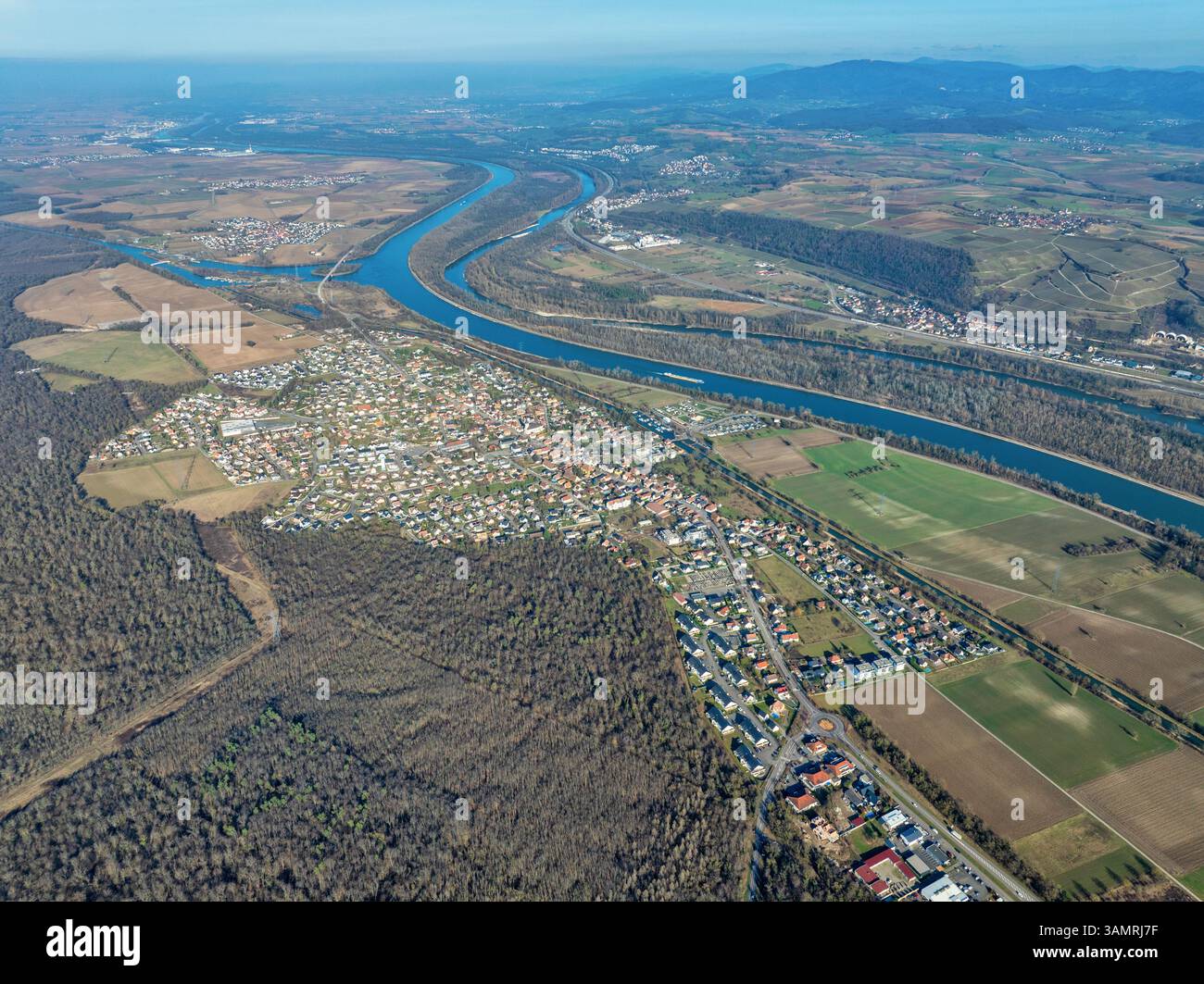 Aerial view of Rhine river in Kembs of Haut-Rhin, in Grand East, Alsace ...