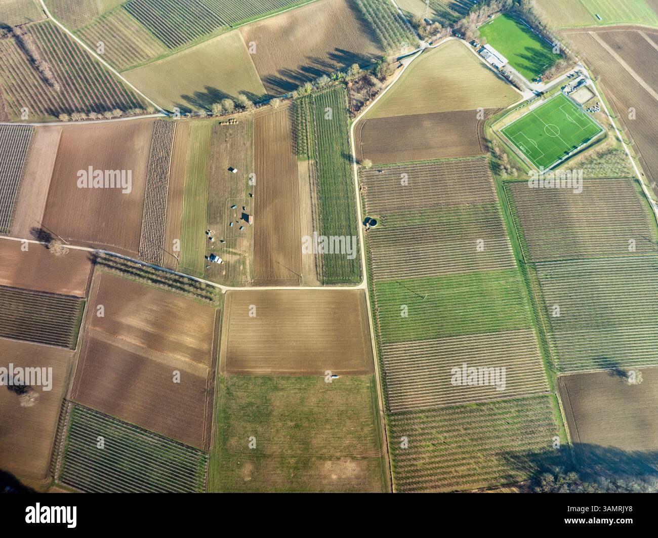 Aerial view of agriculture field in Kembs of Haut-Rhin, in Grand East ...