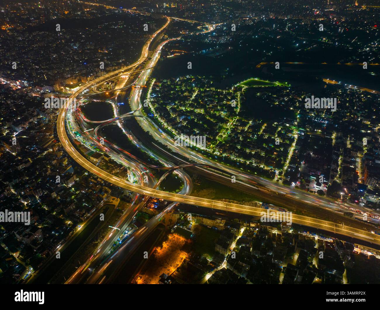 Aerial view of Dhaka Elevated Expressway at night in Dhaka, Bangladesh ...