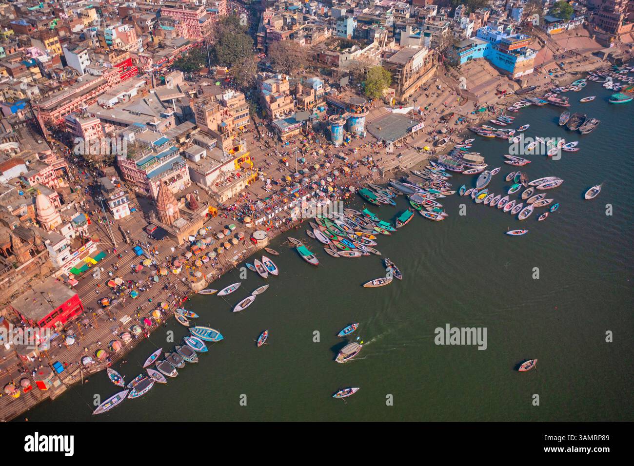 Aerial view of Varanasi, the spiritual capital of India and Ghats in ...