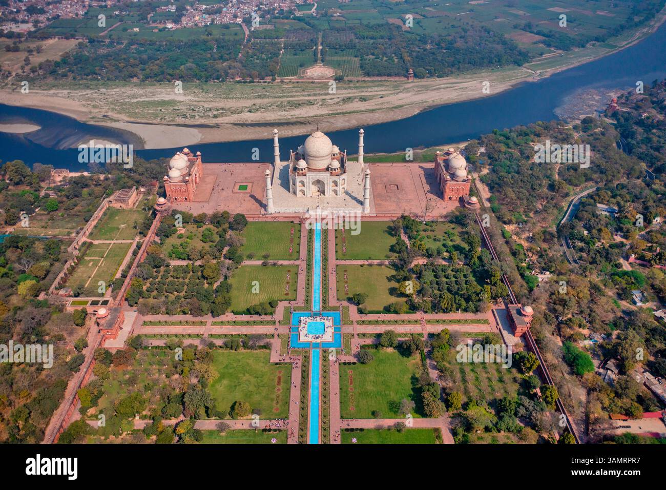 Aerial view of the Taj Mahal along Yamuna river, Agra, Uttar Pradesh ...