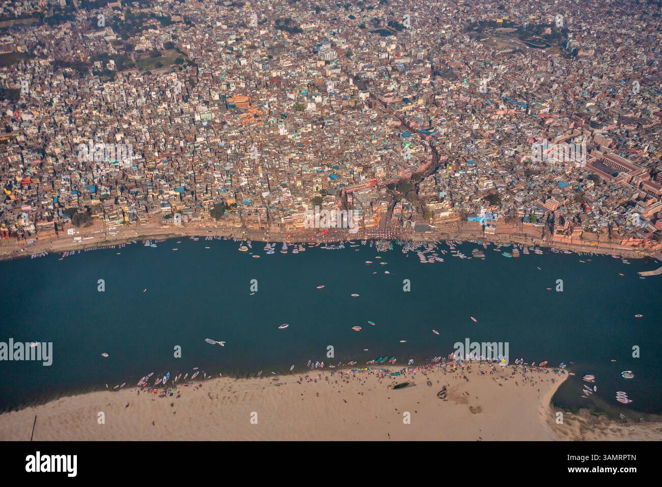 Aerial view of Varanasi, the spiritual capital of India and Ghats in ...