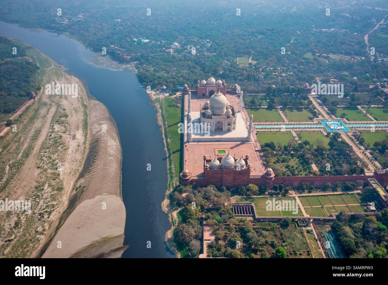 Aerial view of the Taj Mahal along Yamuna river, Agra, Uttar Pradesh ...