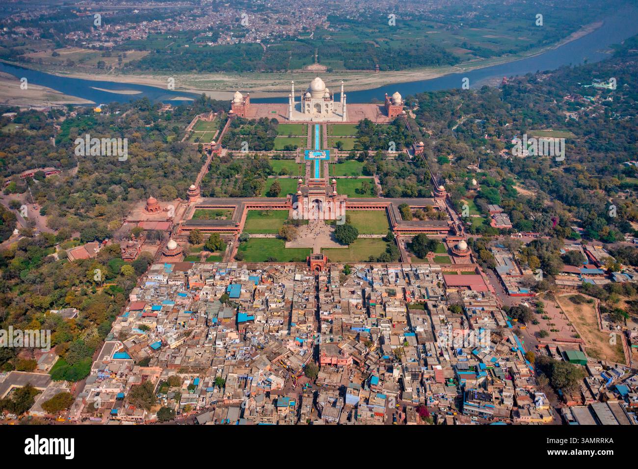 Aerial view of the Taj Mahal along Yamuna river, Agra, Uttar Pradesh ...