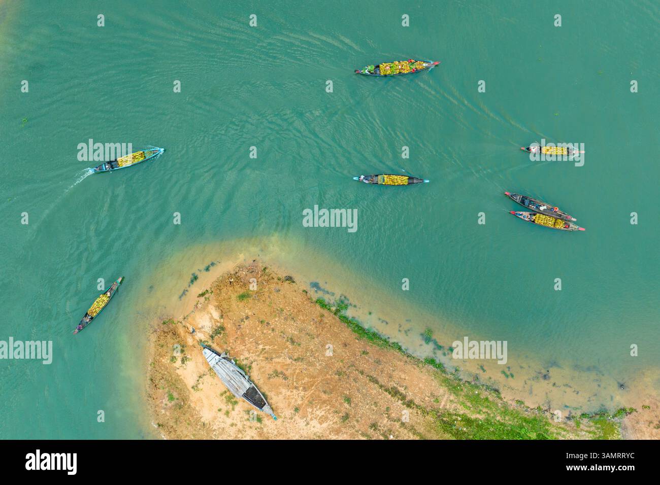 Aerial view of fruits on the boat in Kaptai Lake, Rangamati, Bangladesh ...
