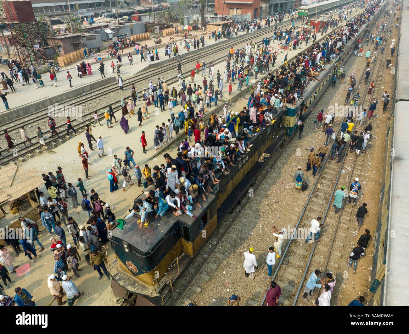 View of many people going home for a local traditional festival waiting for the train at Dhaka ...