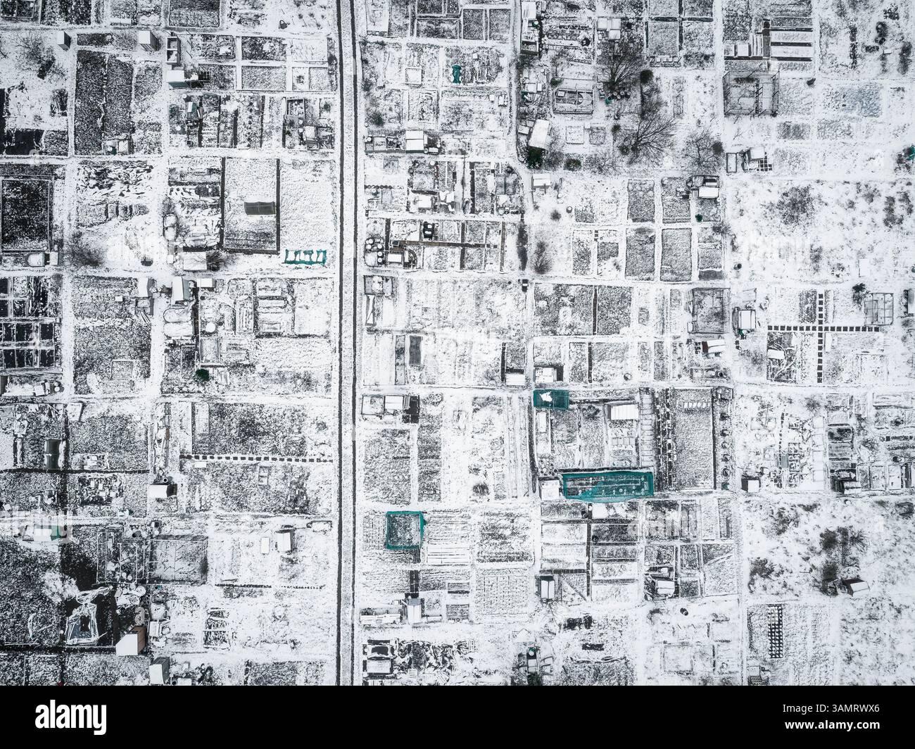 A top down image of an allotment covered in snow Stock Photo - Alamy