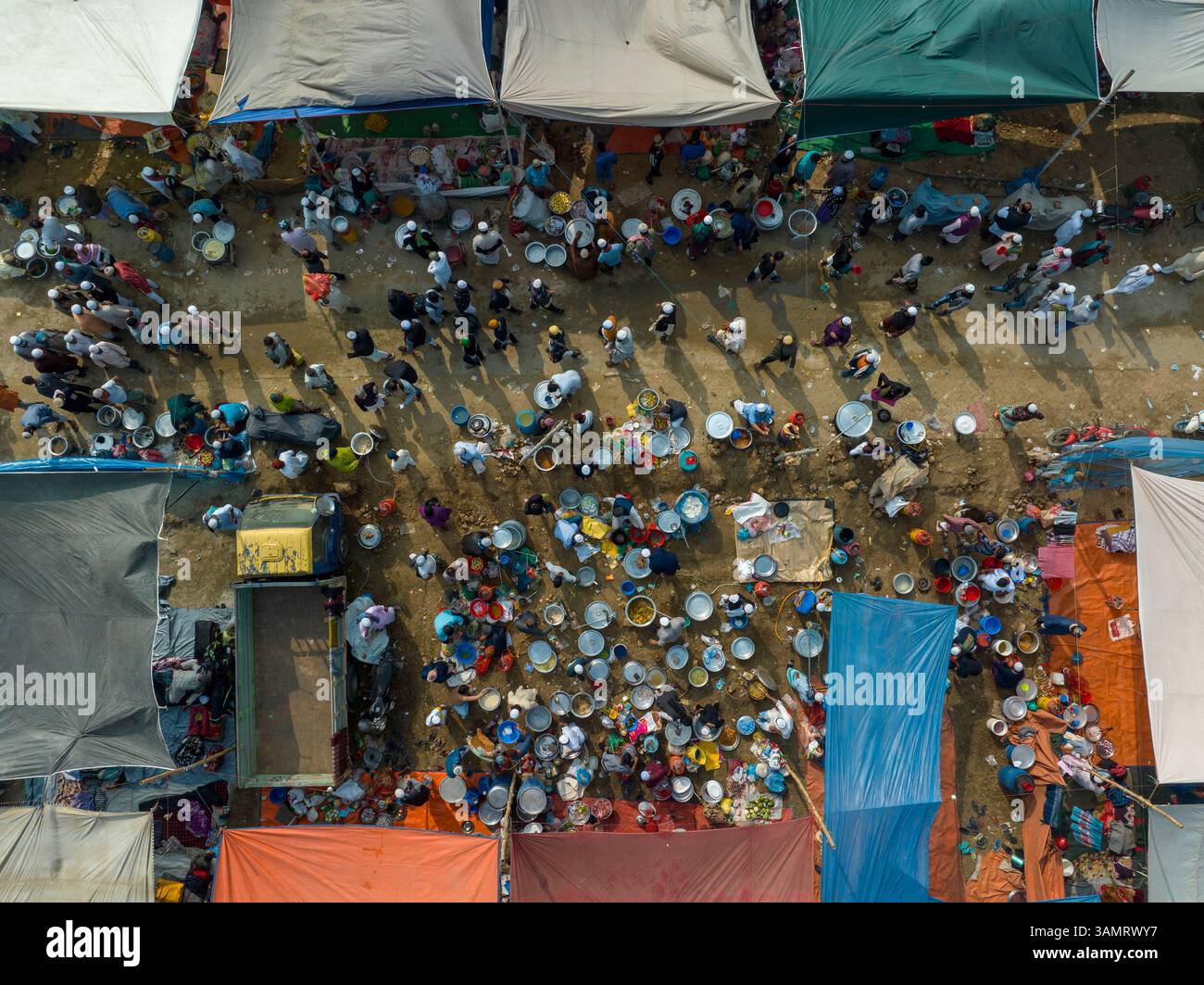 Aerial view of people at local market in Minar Moshjid Tabling for the ...