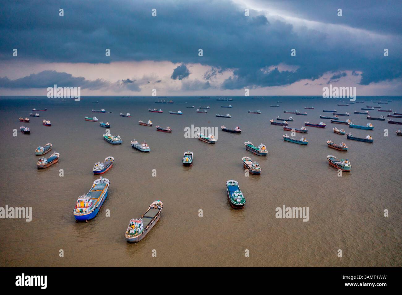 Aerial view of Cargo ships sailing the Karnaphuli river, Chittagong ...