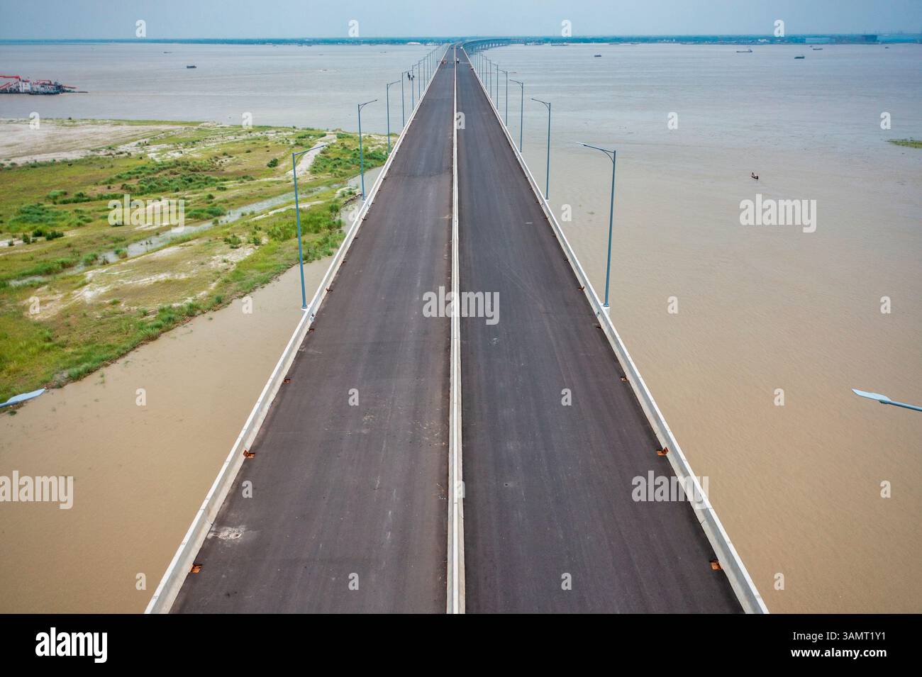Aerial view of Padma bridge, over the padma river by day in perspective ...
