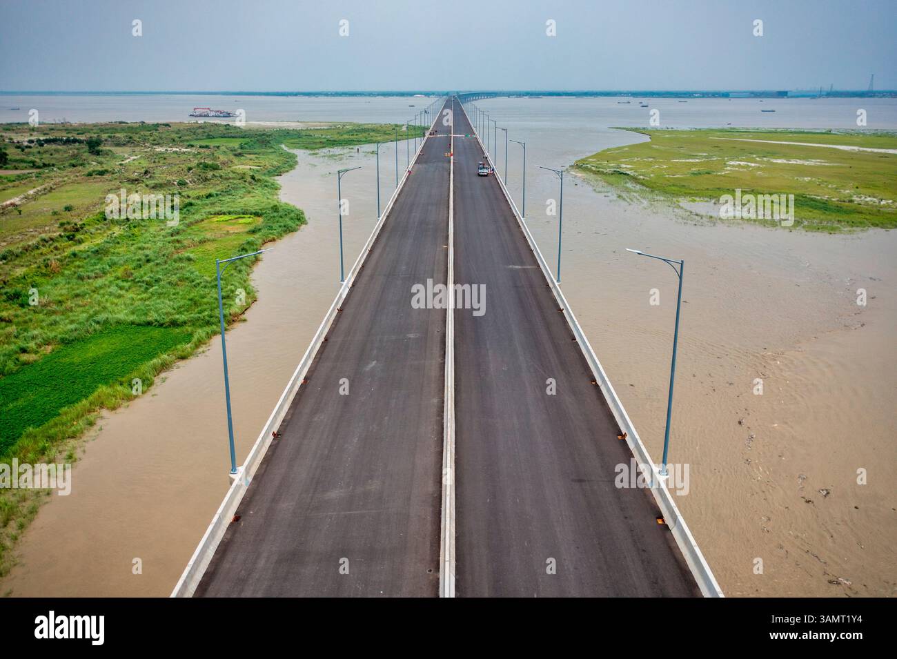 Aerial view of Padma bridge, over the padma river by day in perspective ...