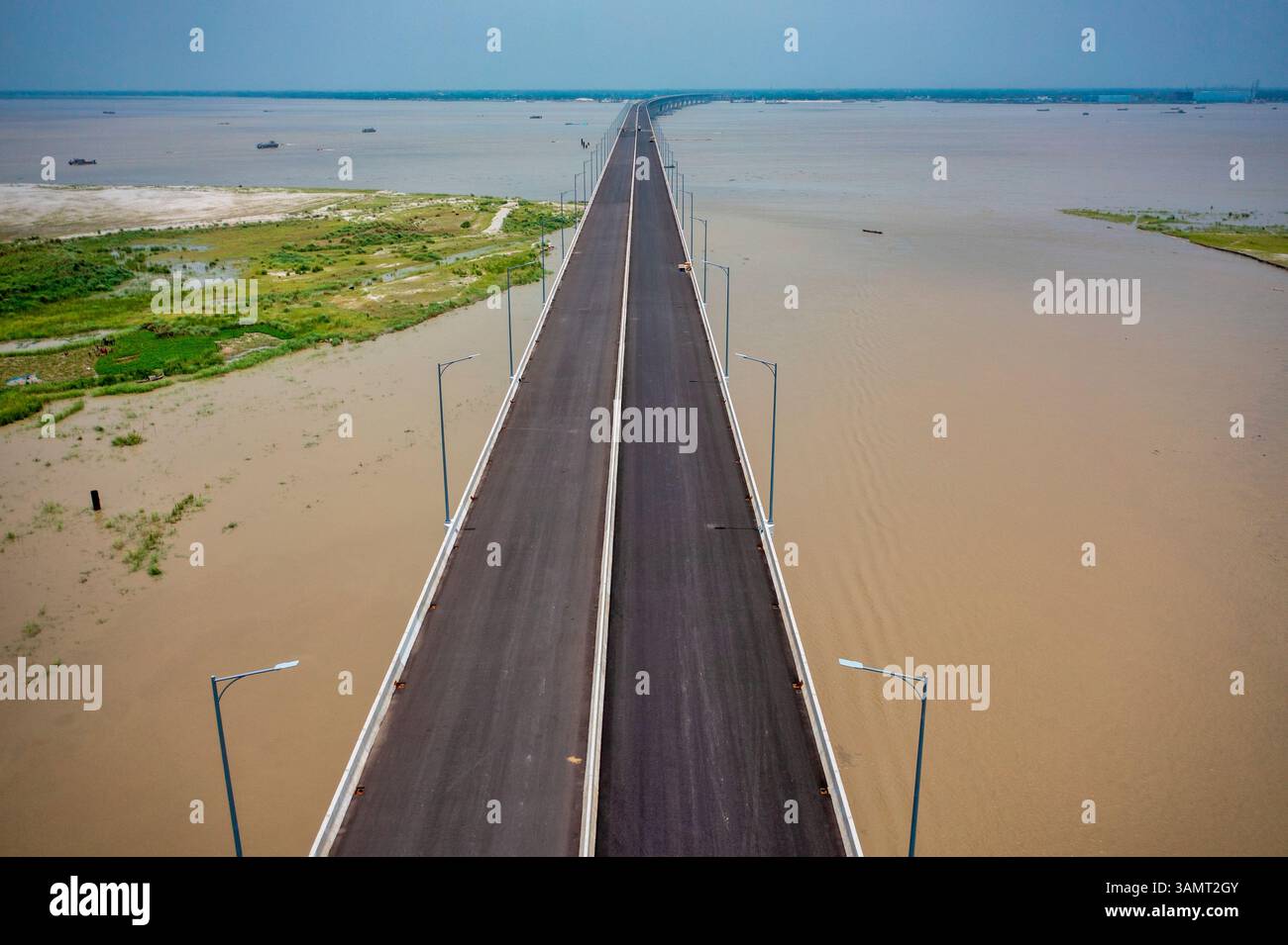Aerial view of Padma bridge, over the padma river by day in perspective ...