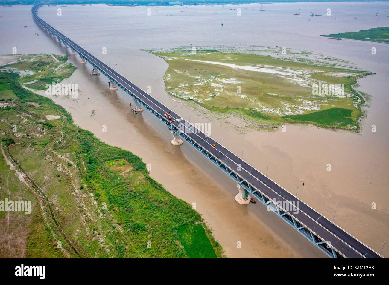 Aerial view of Padma bridge, over the padma river by day in lateral ...
