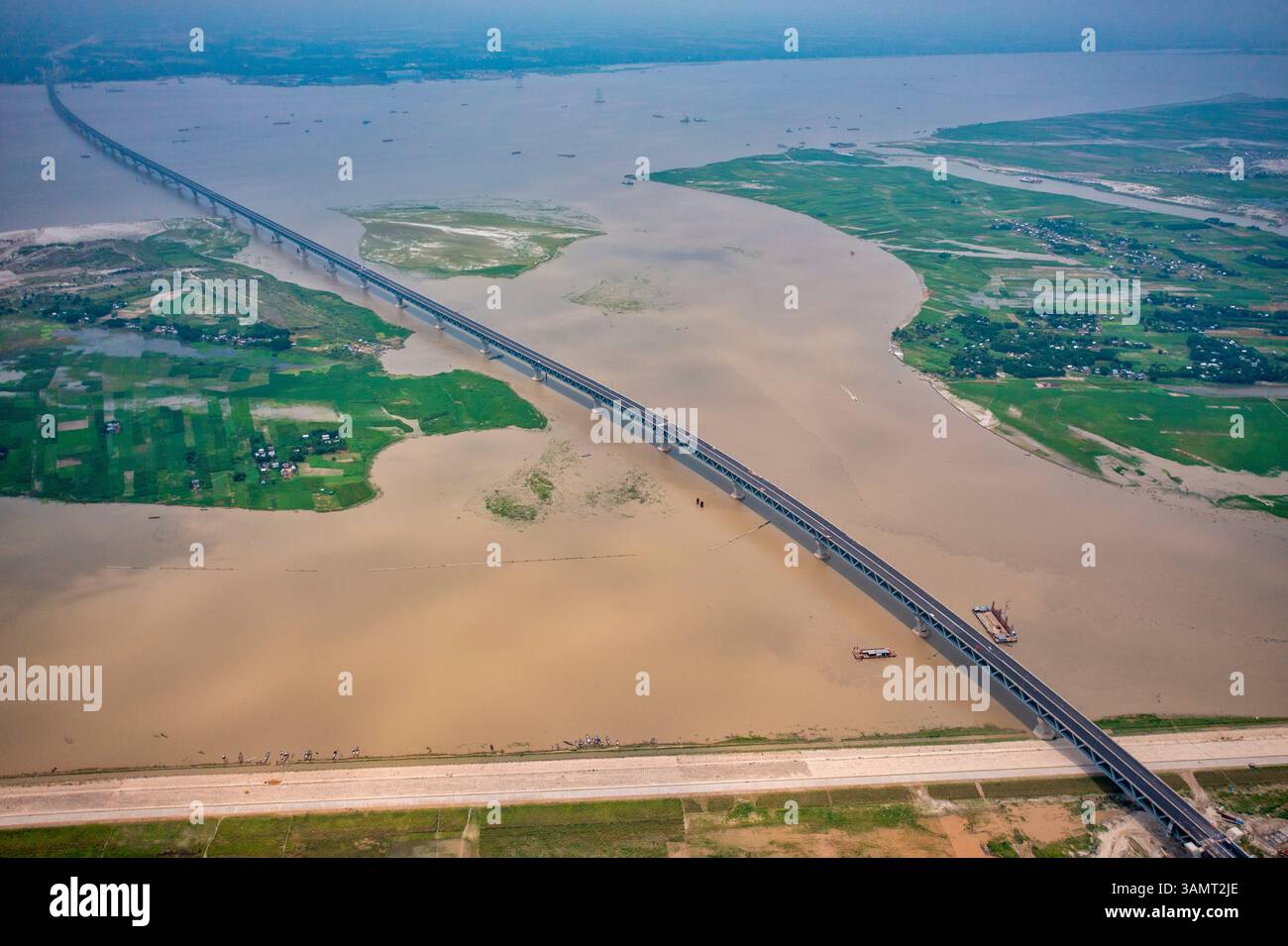 Aerial view of Padma bridge, over the padma river by day in lateral ...