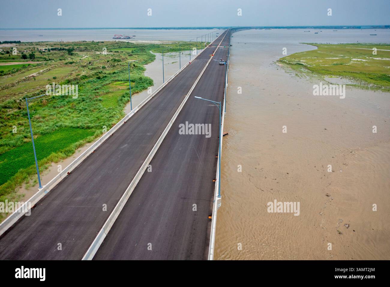 Aerial view of Padma bridge, over the padma river by day in perspective ...
