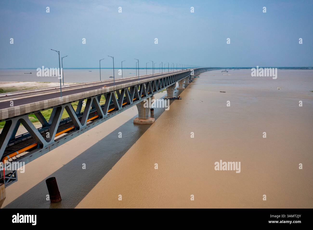 Aerial view of Padma bridge, over the padma river by day in perspective ...