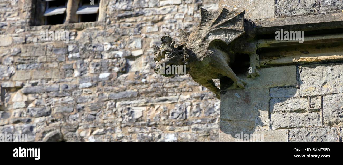 Gargoyle detail on St Nicholas' church, Kelston village near Bristol ...