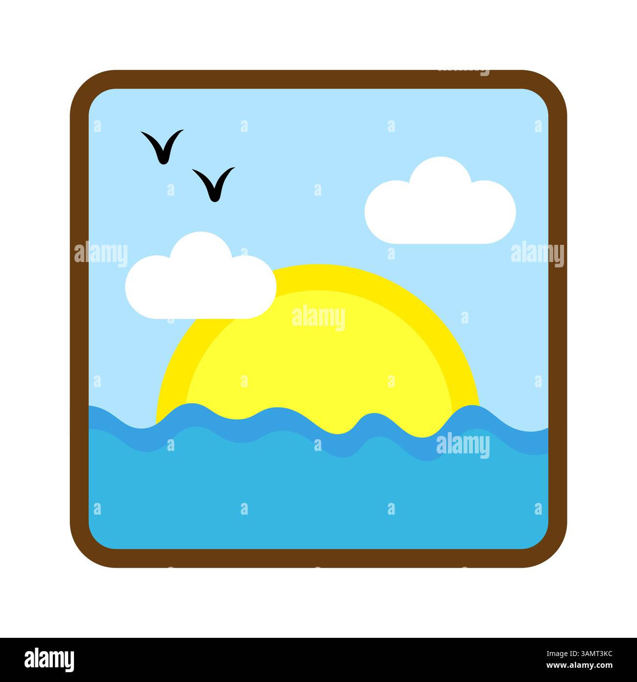 Sunset sea icon. Yellow sun symbol. Blue wave scenery. Vector sky frame ...