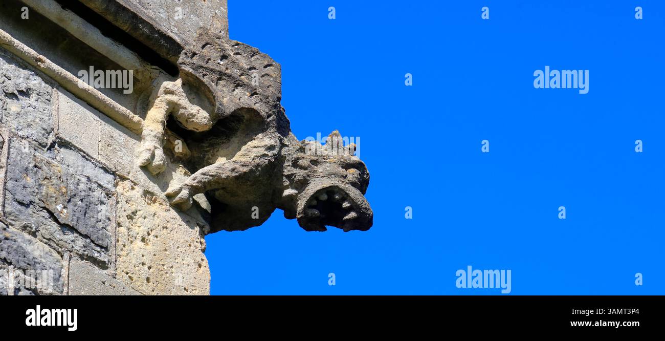 Gargoyle detail on St Nicholas' church, Kelston village near Bristol ...