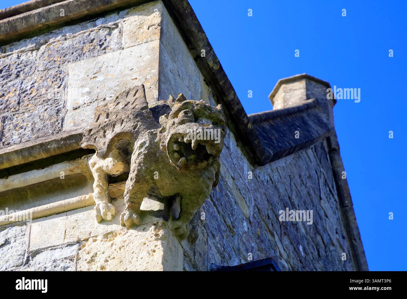 Gargoyle detail on St Nicholas' church, Kelston village near Bristol ...