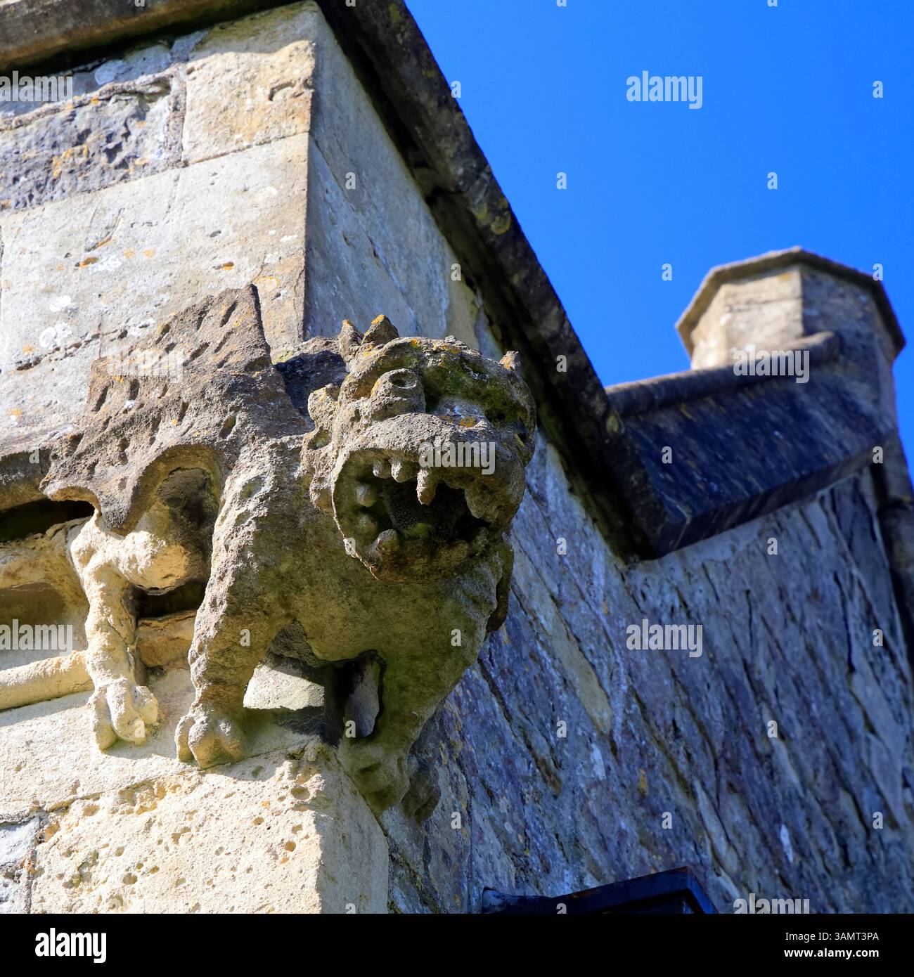 Gargoyle detail on St Nicholas' church, Kelston village near Bristol ...