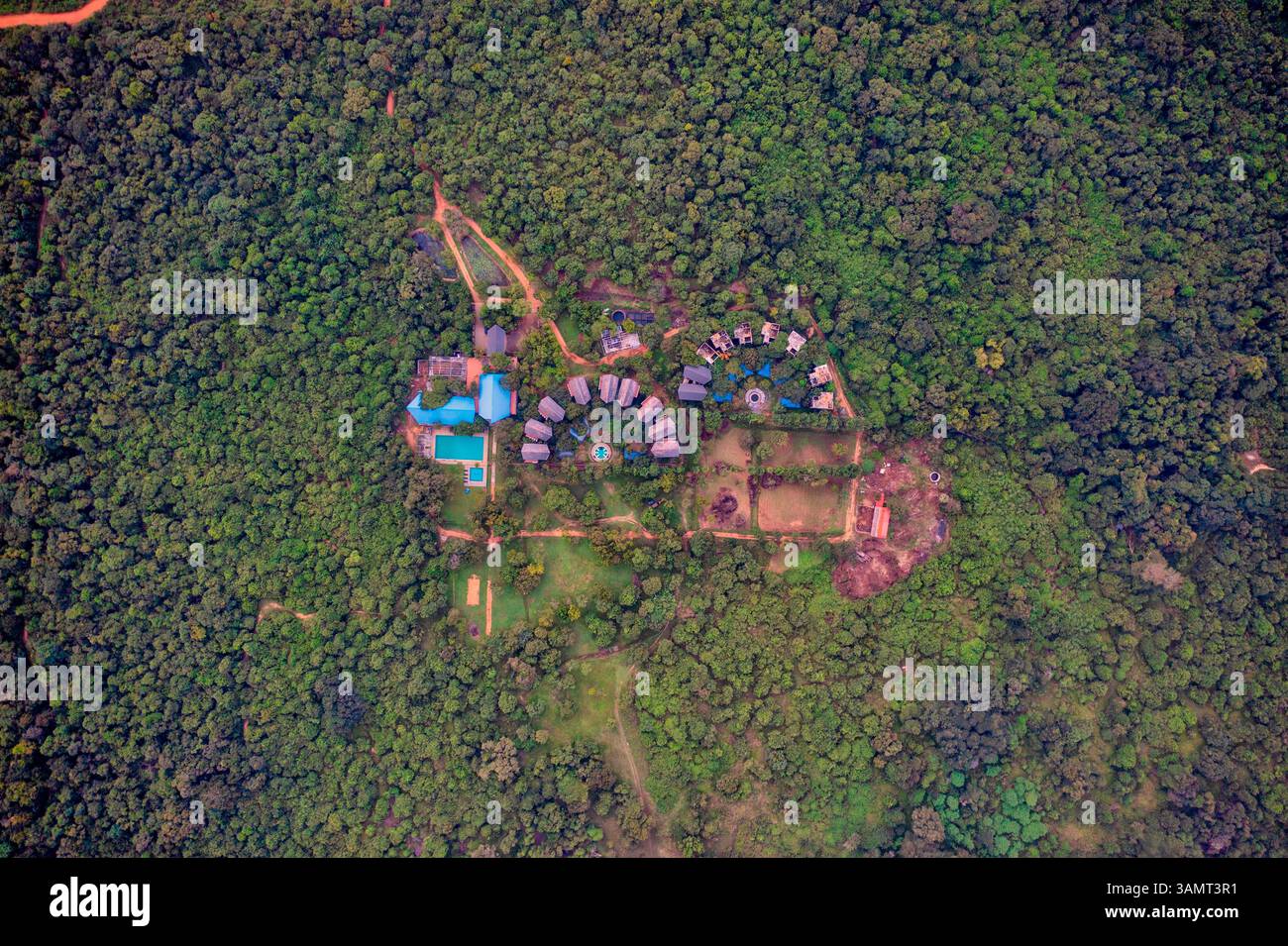 Aerial top down view of a hotel complex in the forest, Matale, Sri ...