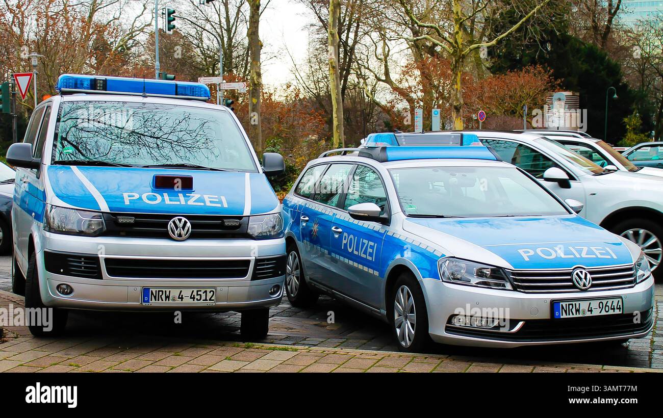 Germany, Düsseldorf - December 21, 2013 - Two police vehicles parked ...