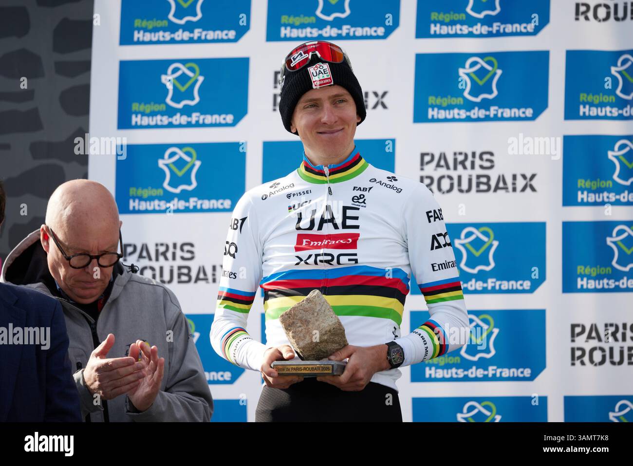 Paris Roubaix 2025 Pogacar Podium 1. Mathieu van der Poel ADC (NED) 2. Tadej Pogacar UAD (SLO) 3 ...