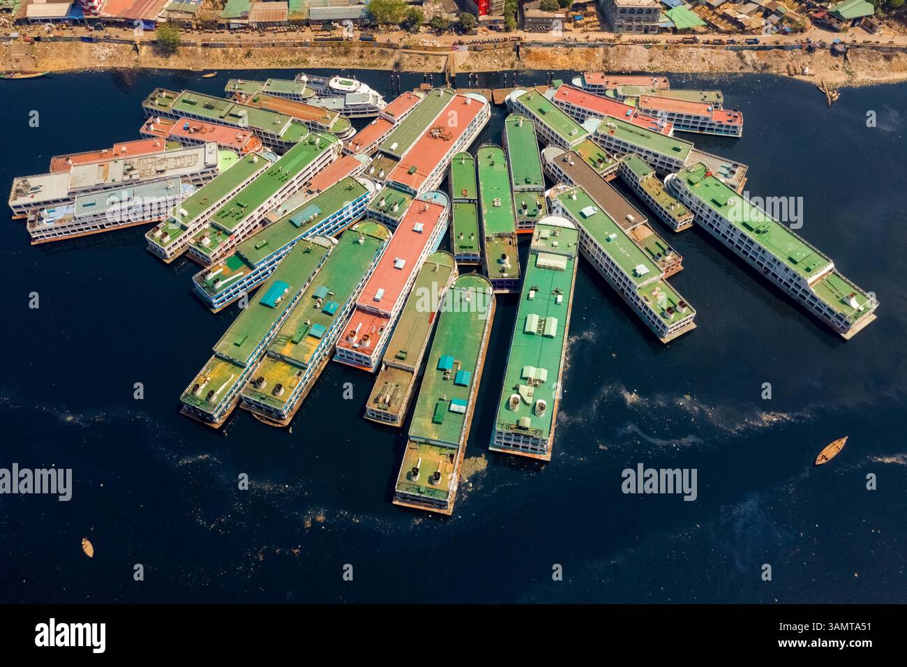 Dhaka, Bangladesh - 13 April 2019: Aerial view of a line of ships ...