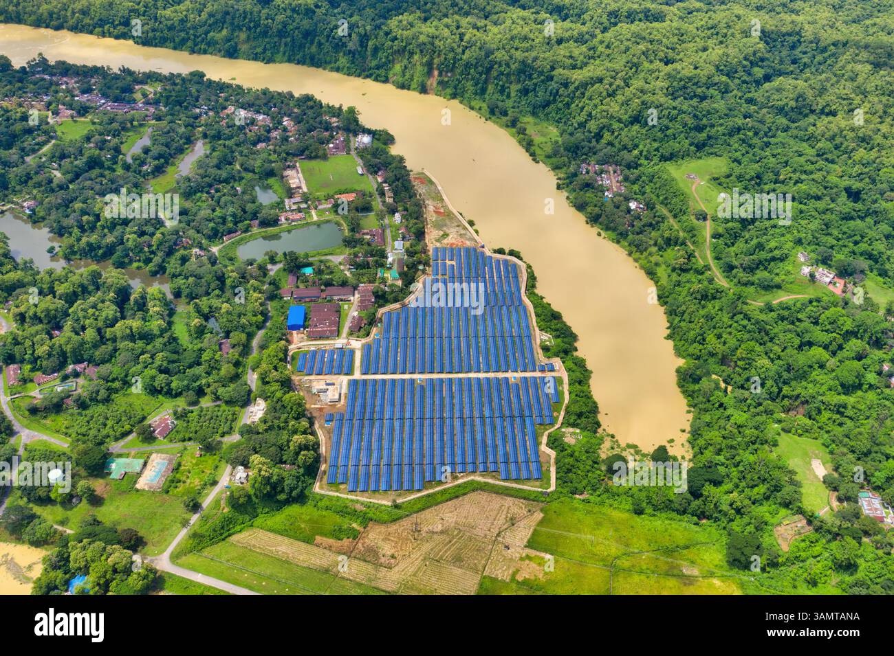 Aerial view of the largest solar panel complex in Bangladesh along ...