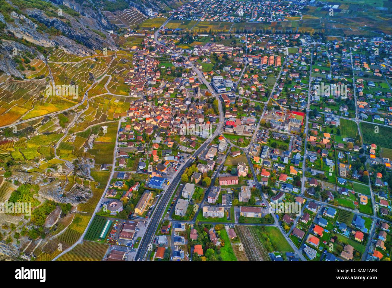 Aerial view of Ardon, a little and colourful village, Valais region ...