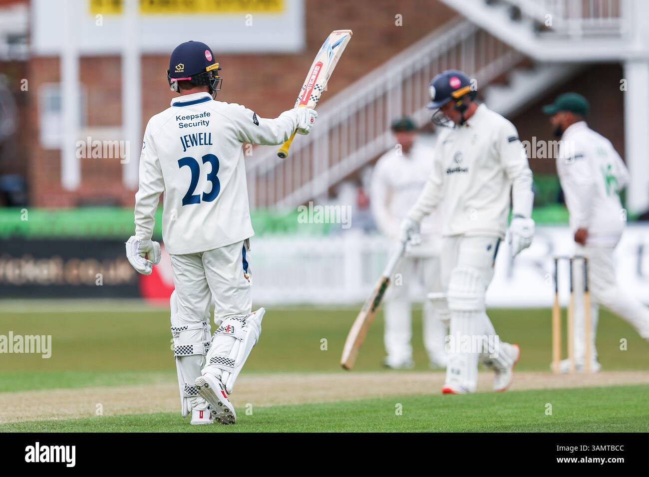 Leicester, UK. 14th Apr, 2025. #23, Caleb Jewell of Derbyshire ...