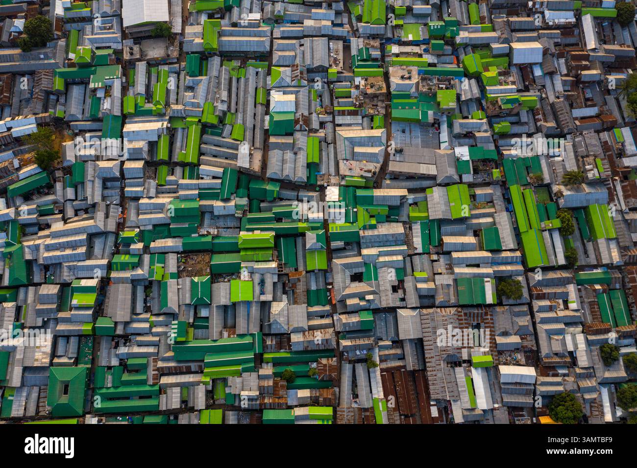 Aerial view of a large slum area along Banani lake, a crowded slum ...