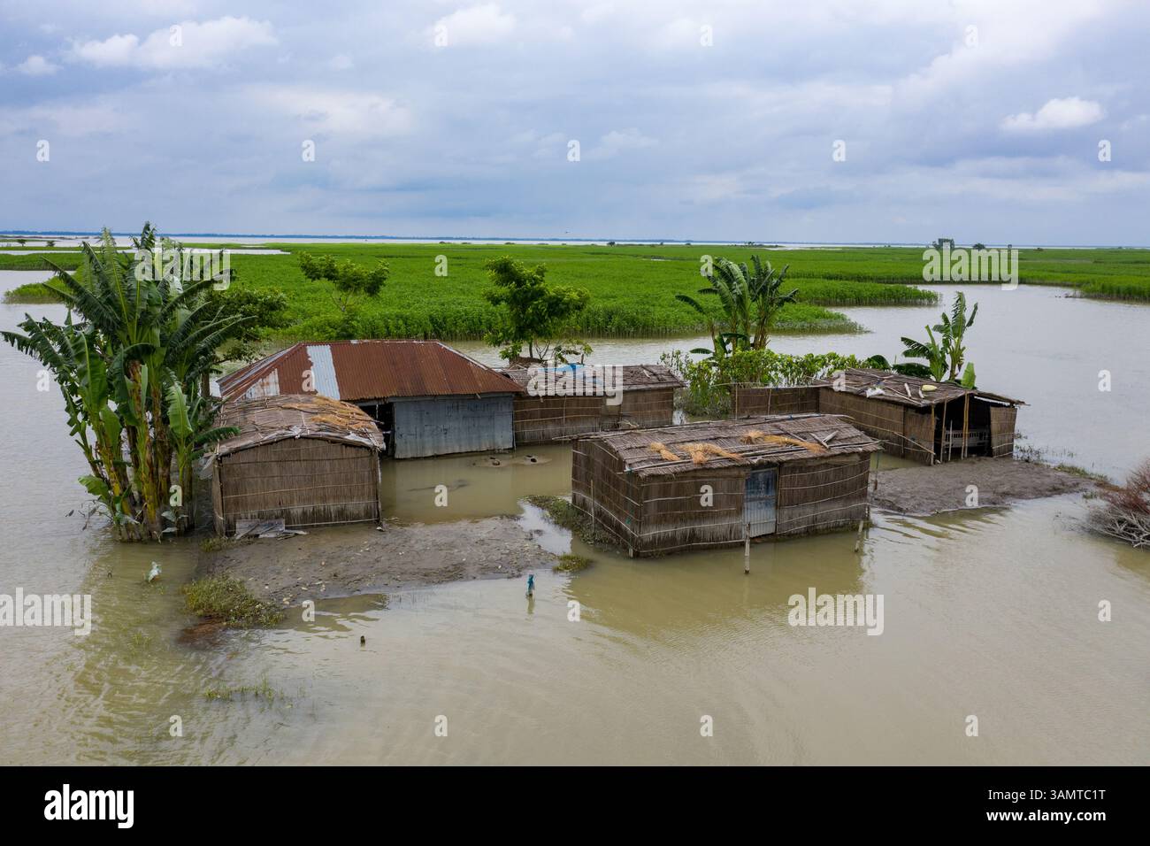 Aerial view of a few wooden huts in Brahmaputra river swamp near ...